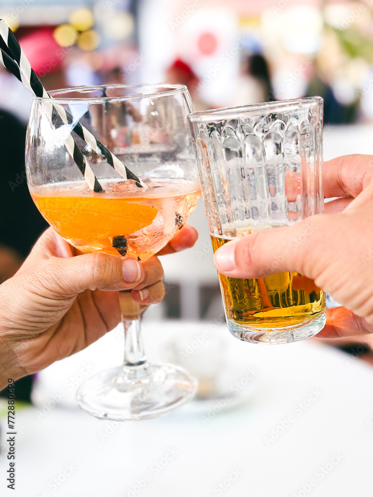 Friends hands toasting fancy cocktails - Young people having fun ...