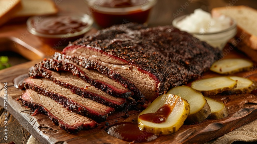 A tempting plate of BBQ brisket, showcasing slow-smoked beef brisket ...