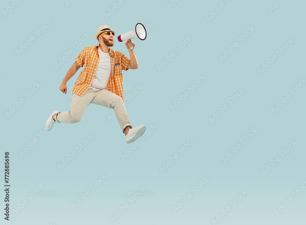 Megaphone crying, man running speaking in loudspeaker to shout, scream ...