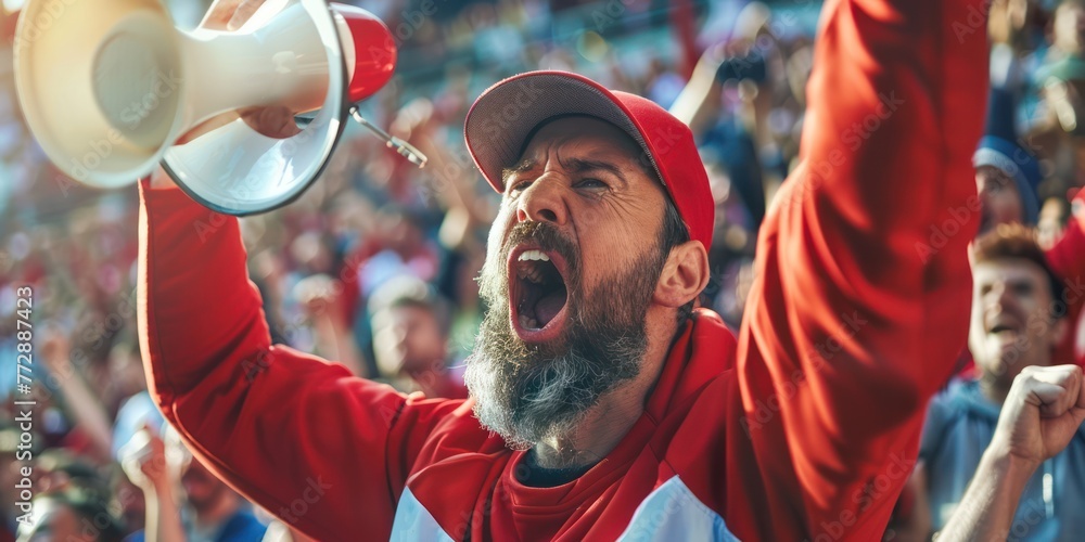 Sport Stadium Soccer Match: Diverse Crowd of Fans Cheer for their Red ...