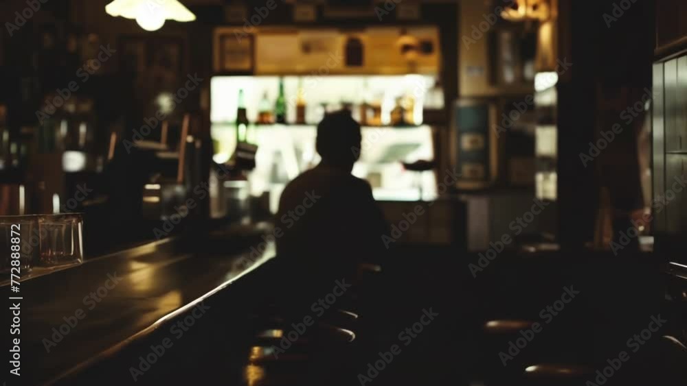A lone figure facing away from the camera is seen perched on a stool at ...