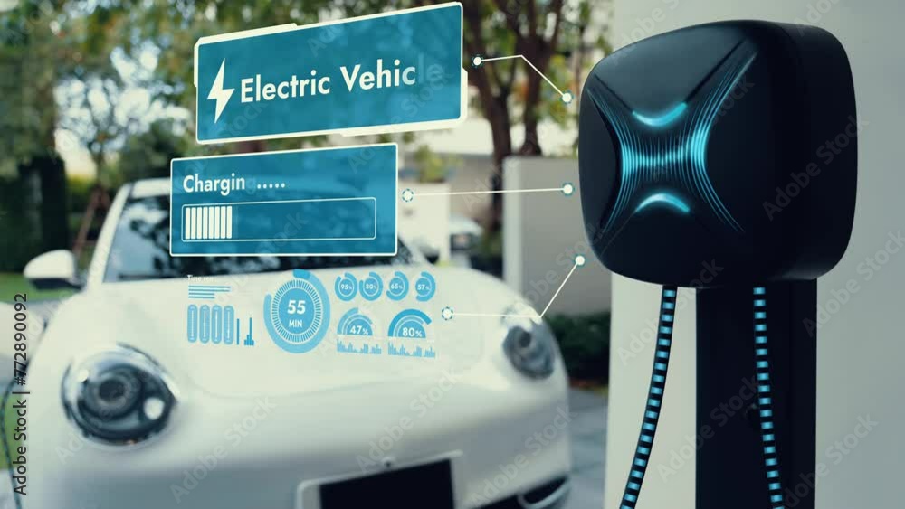Electric car recharging in futuristic home charging station with smart ...