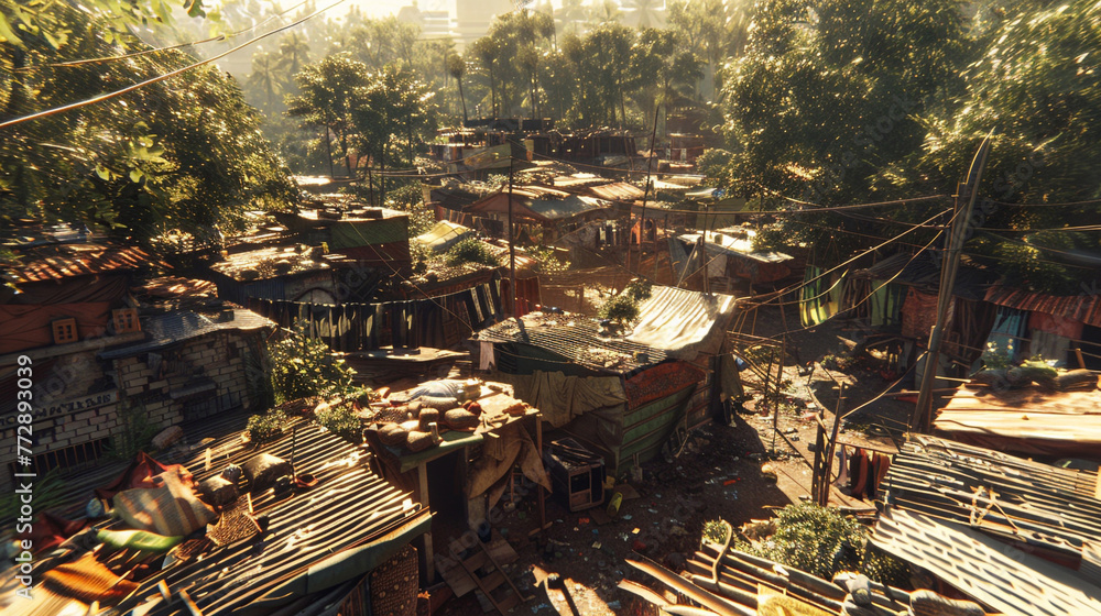 An overcrowded slum with makeshift shelters under the harsh midday sun ...
