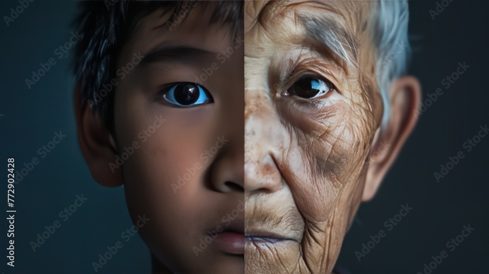 The face is divided into two halves - half of an Asian boy and half of ...