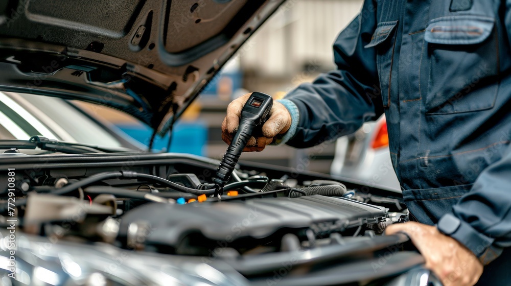 A mechanic uses a scan tool to diagnose a car under the hood. He checks ...