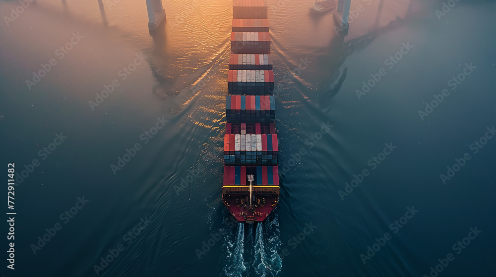 Barco carguero de trasporte de contenedores navegando por un rio bajo ...