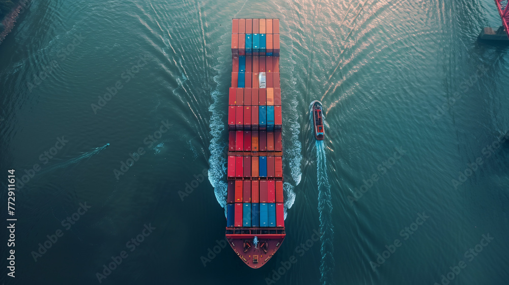 Barco carguero de trasporte de contenedores navegando por un rio Stock ...