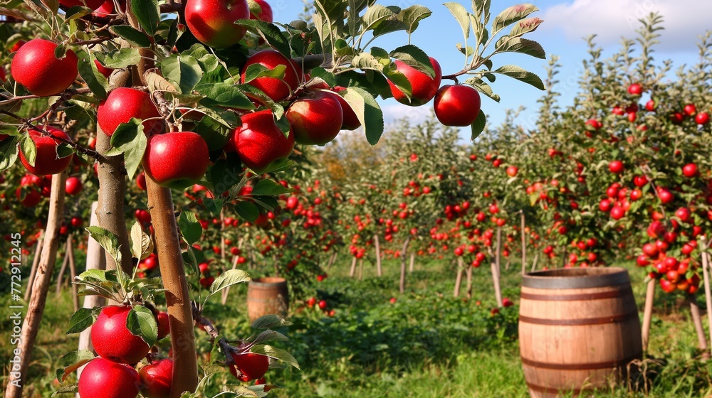 Apple garden. Garden with apple trees. Gathering fruit. Natural ...