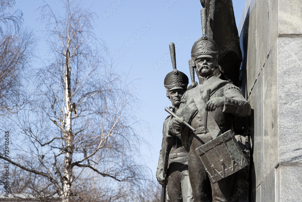 Moscow, Russia - April 6, 2023. Sculpture of a drummer and soldiers at ...