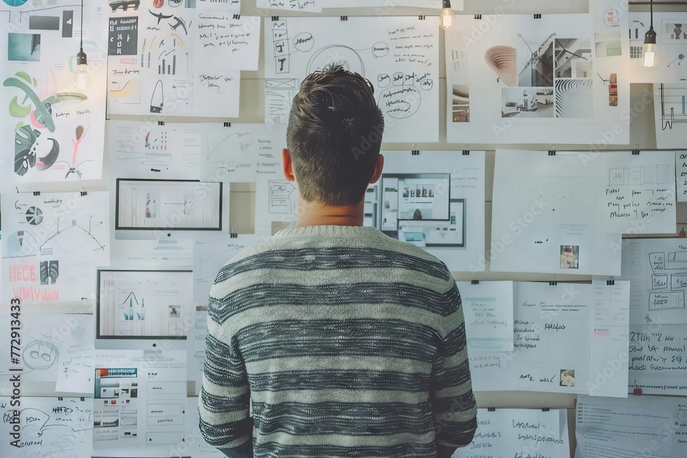 Brainstorming Software Developer with Whiteboard Full of Ideas and ...