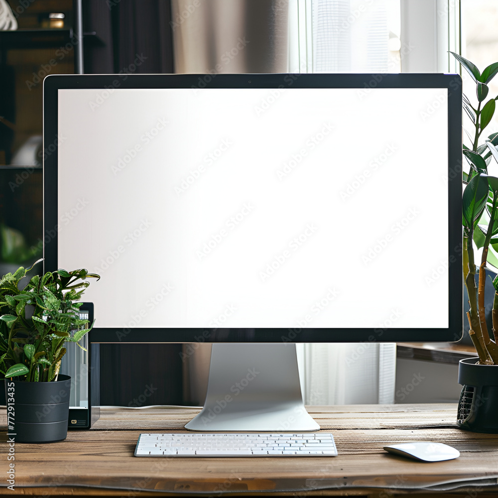 Work space at home with a monitor with a white screen, white to be used ...