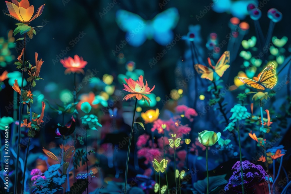 A digital garden of glowing flora and fauna, where pixels bloom like flowers and algorithms ...