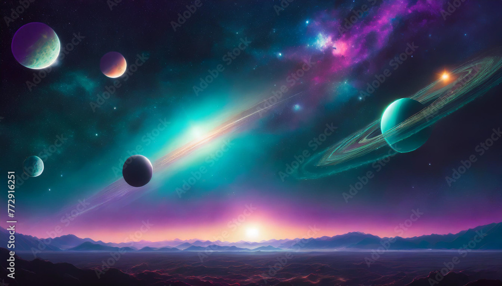 epic dark solar system with all our planets and nebulas over the sky ...