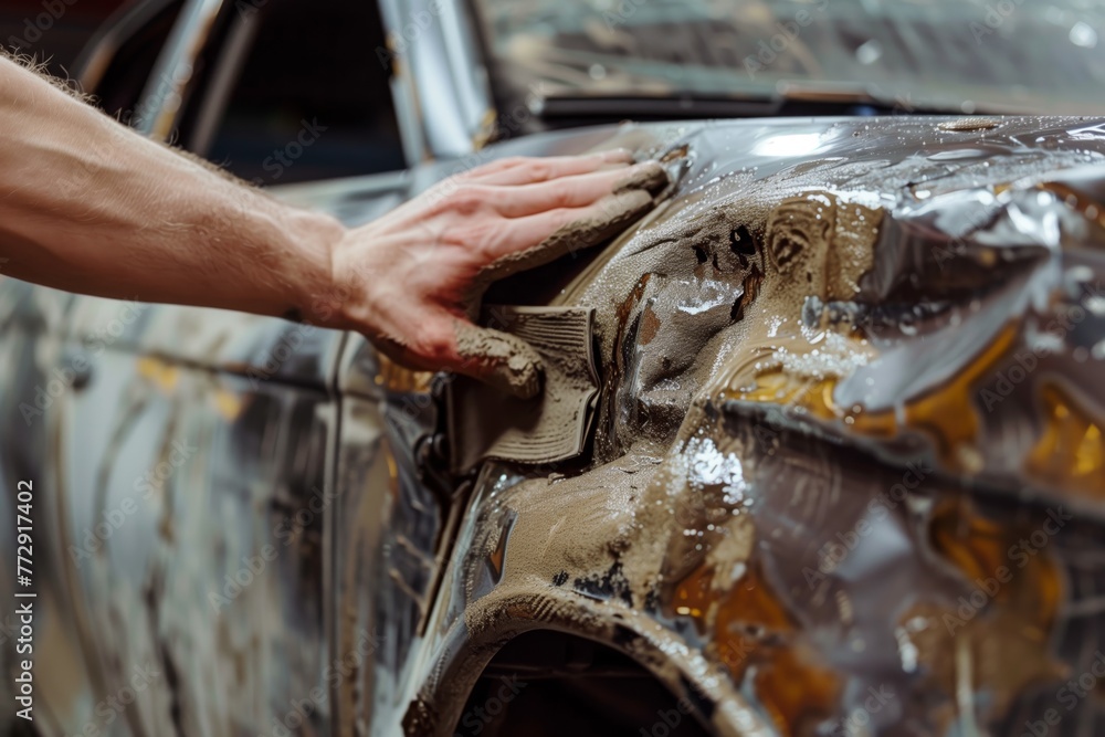 Car body repair and patching, Hand applying the putty. A male ...