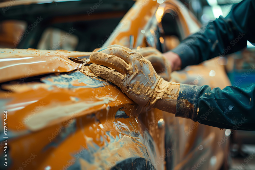 Car body repair and patching, Hand applying the putty. A male ...