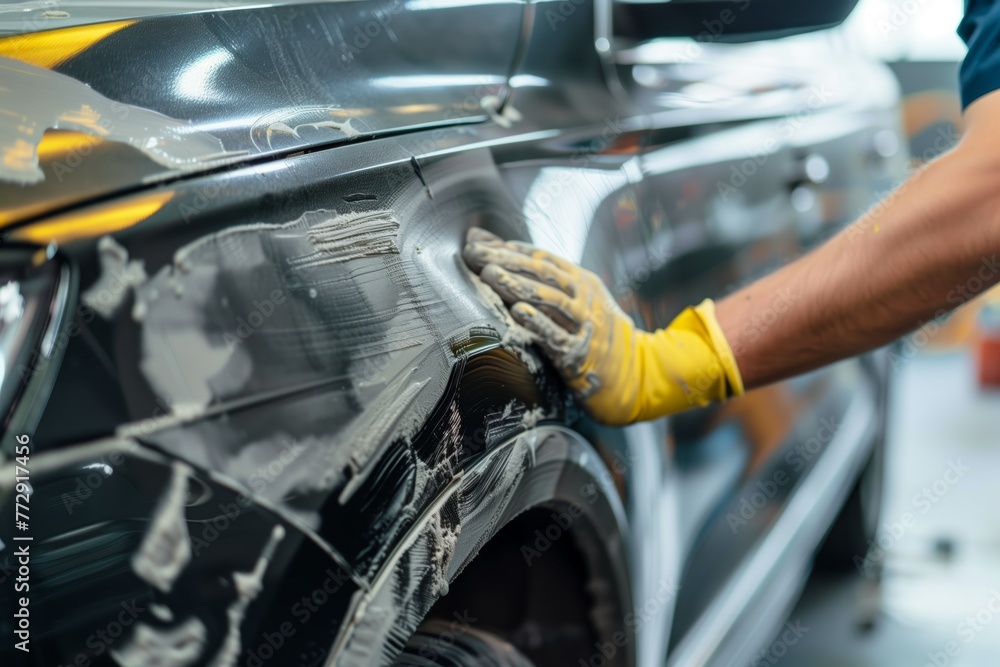Car body repair and patching, Hand applying the putty. A male ...