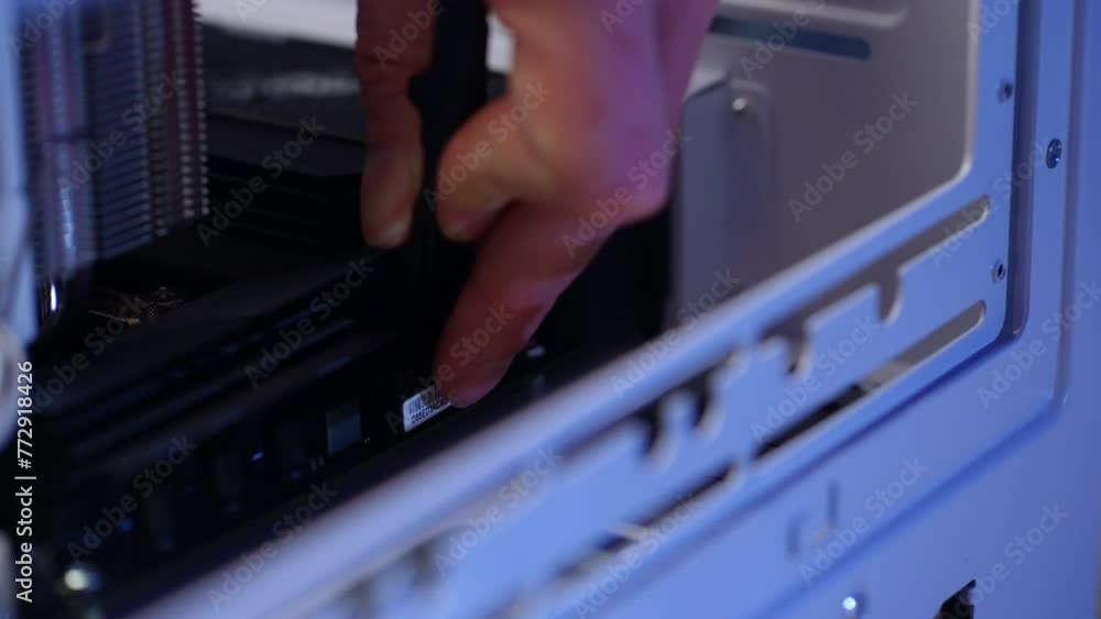 Close-up hands of unrecognizable technician male plugging in CPU power cable while assembling ...