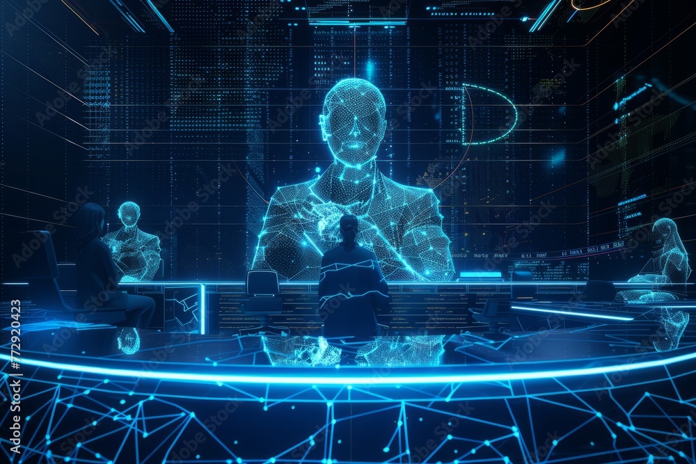 A futuristic digital laboratory filled with holographic displays ...