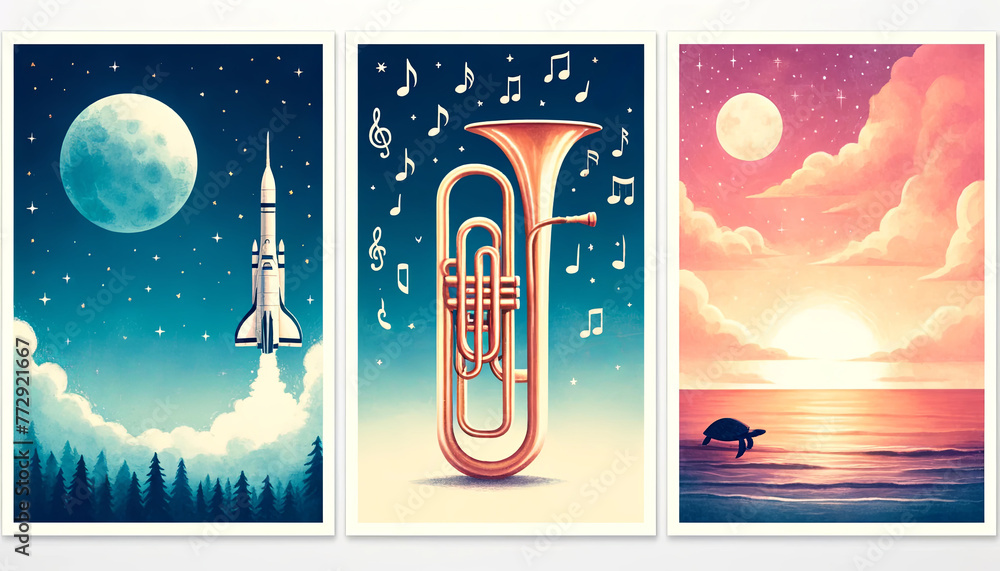 Set of three vector illustrations featuring a night sky with a full ...