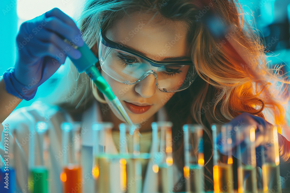 beautiful female scientist tests a test tube by pouring liquid into a ...