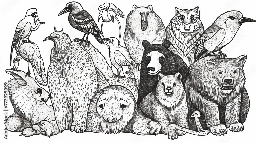 black and white sketch art of endangered species, Earth Day or World ...