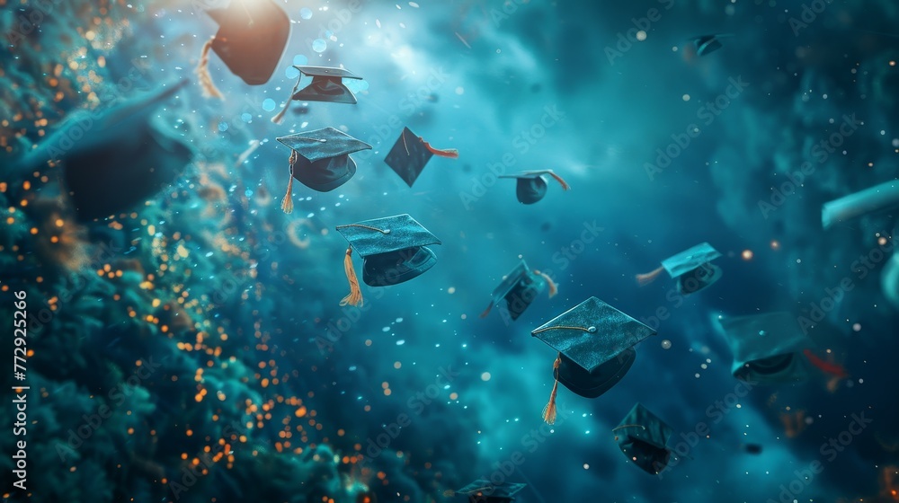 Graduation caps flying in the air. Concept of accomplishment and ...