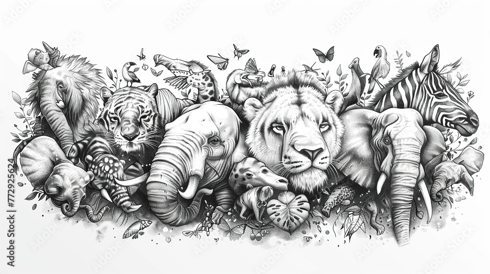 black and white sketch art of endangered species, Earth Day or World ...