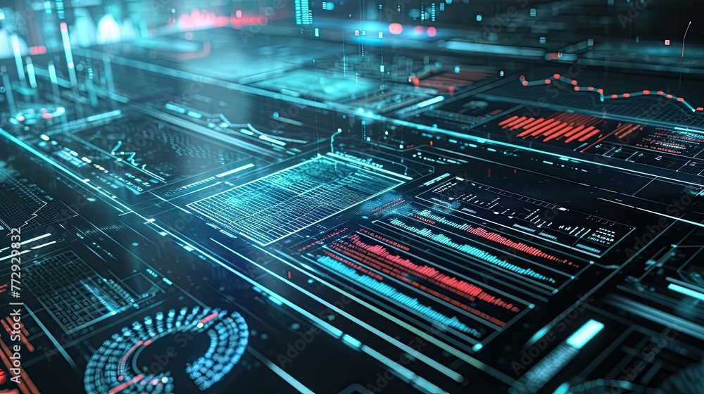 Transparent futuristic screen with interactive data and graphs ...