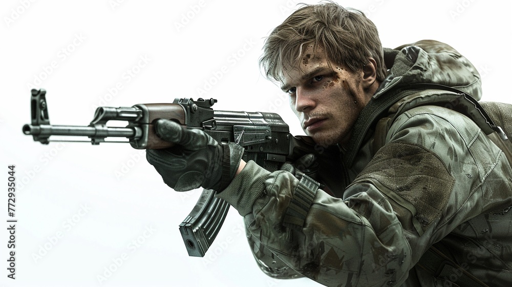 Animated man in military gear, holding Mosin rifle, vibrant look, side ...