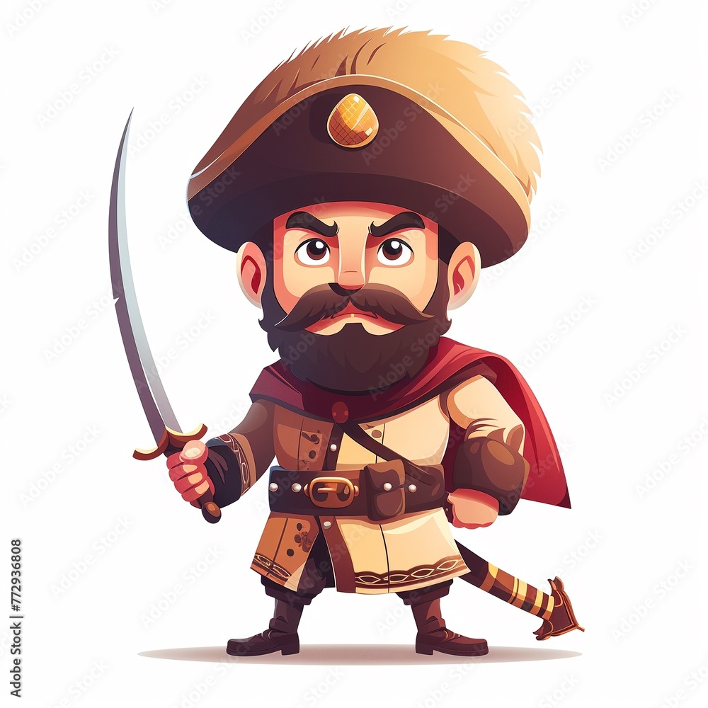 Cartoon man in Kuban Cossack attire, saber in hand, cute style, frontal ...