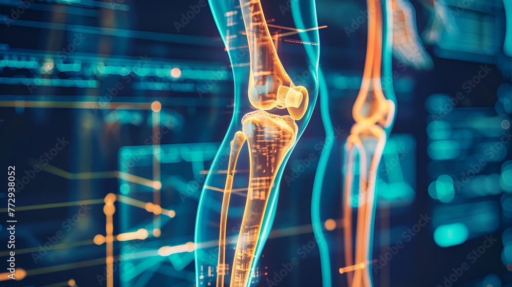 human knee joint, blue and red xray, detailed 3 d medical figure ...