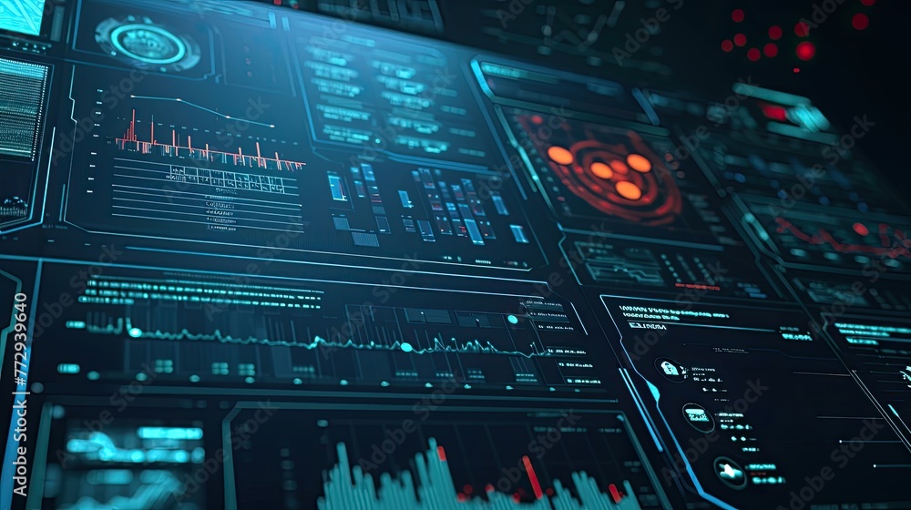 Foto de Transparent futuristic screen with interactive data and graphs ...