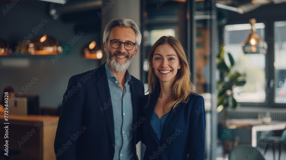 Two smiling business colleagues in a modern office setting, portraying ...