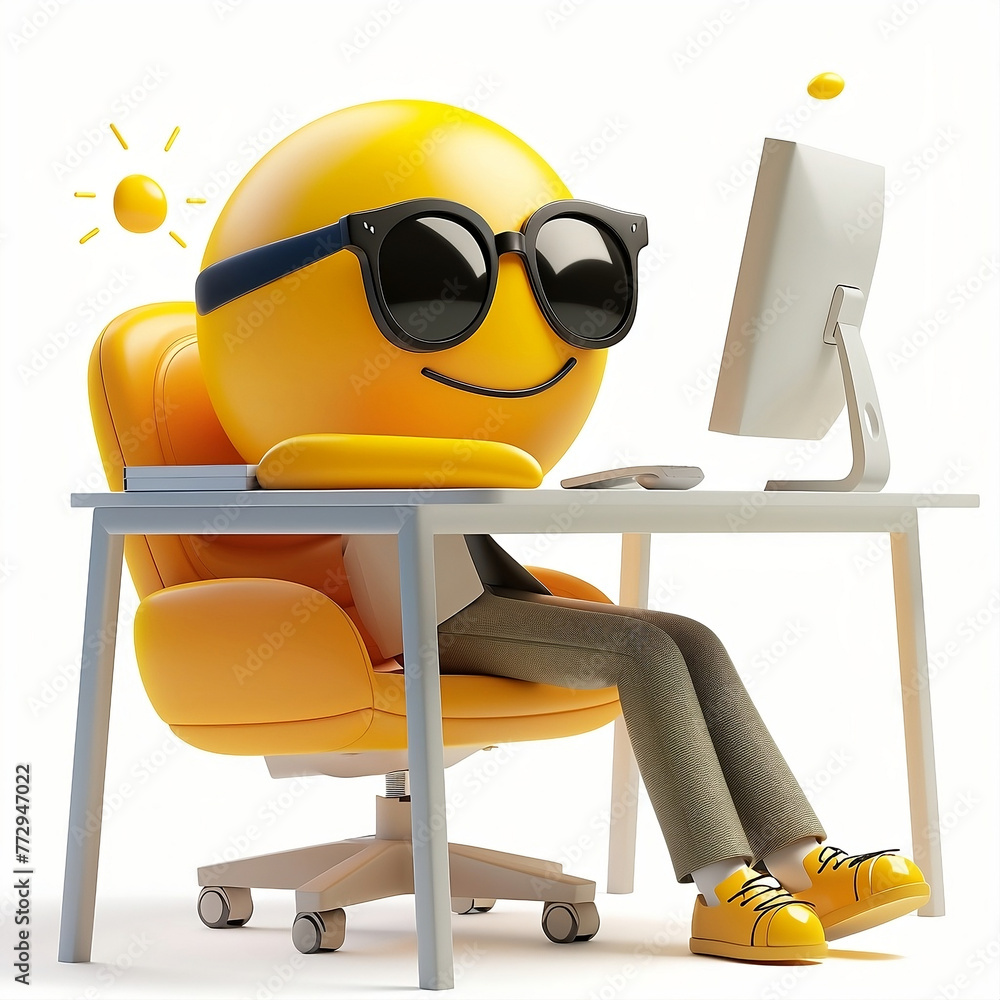 3d render of a emoji person sitting on a chair with a laptop. shades ...