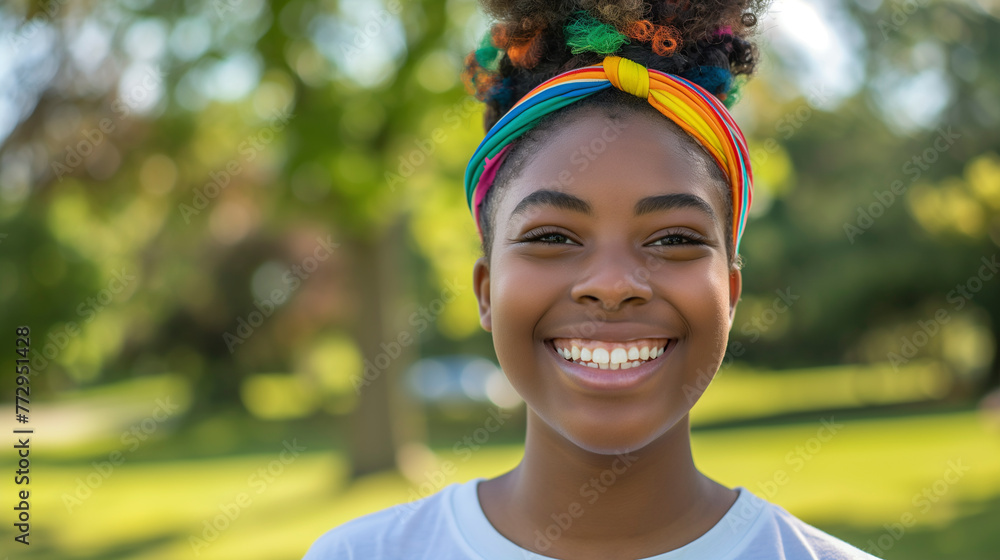 A girl with a rainbow headpiece on her forehead is happily smiling in a ...