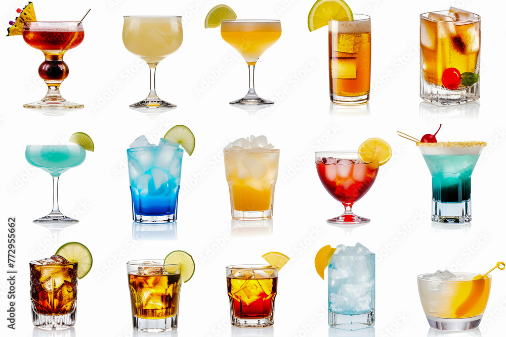 Collage set of different types alcoholic and non-alcoholic cocktails ...