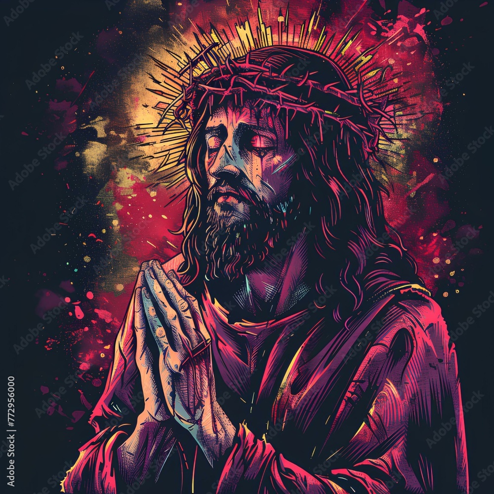 Portrait of Jusus Christ with stigmata praying , graphical color ...
