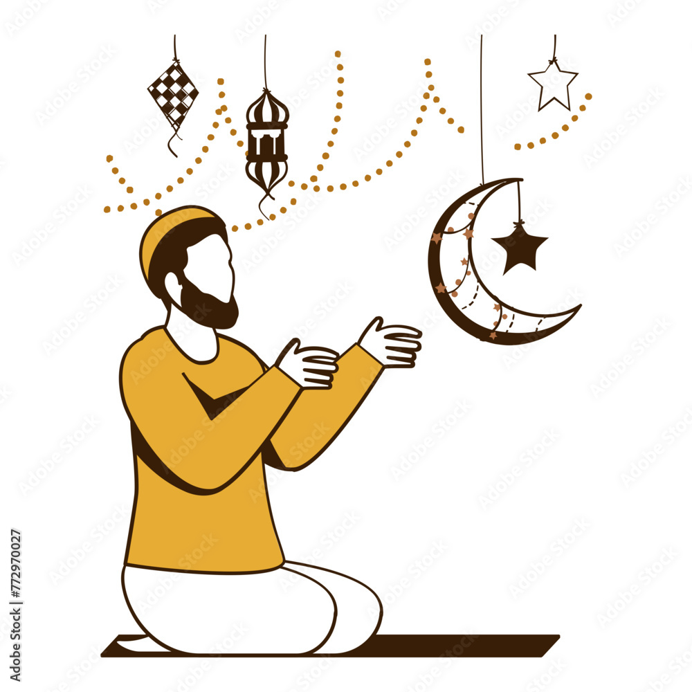 Beard Muslim Man Offering Prayer on Rug Concept, raising hands in ...