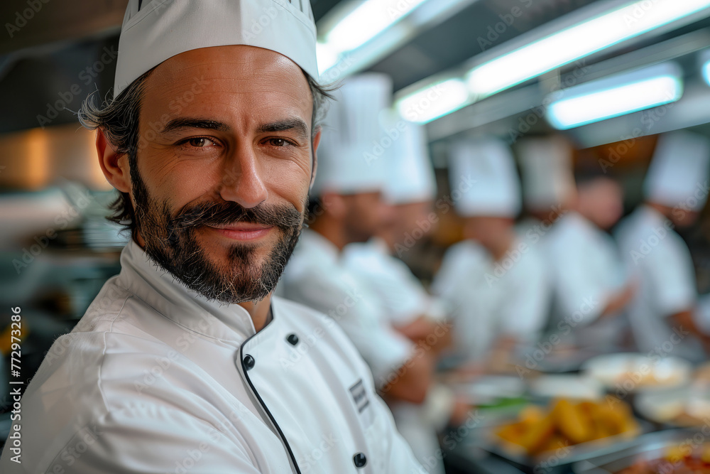 A chef is smiling in a kitchen. The other chefs are standing around him ...