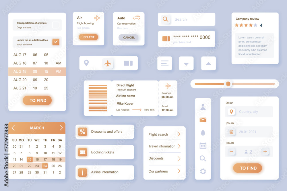 User interface elements set for Booking mobile app or web. Kit template with HUD, flight ticket ...