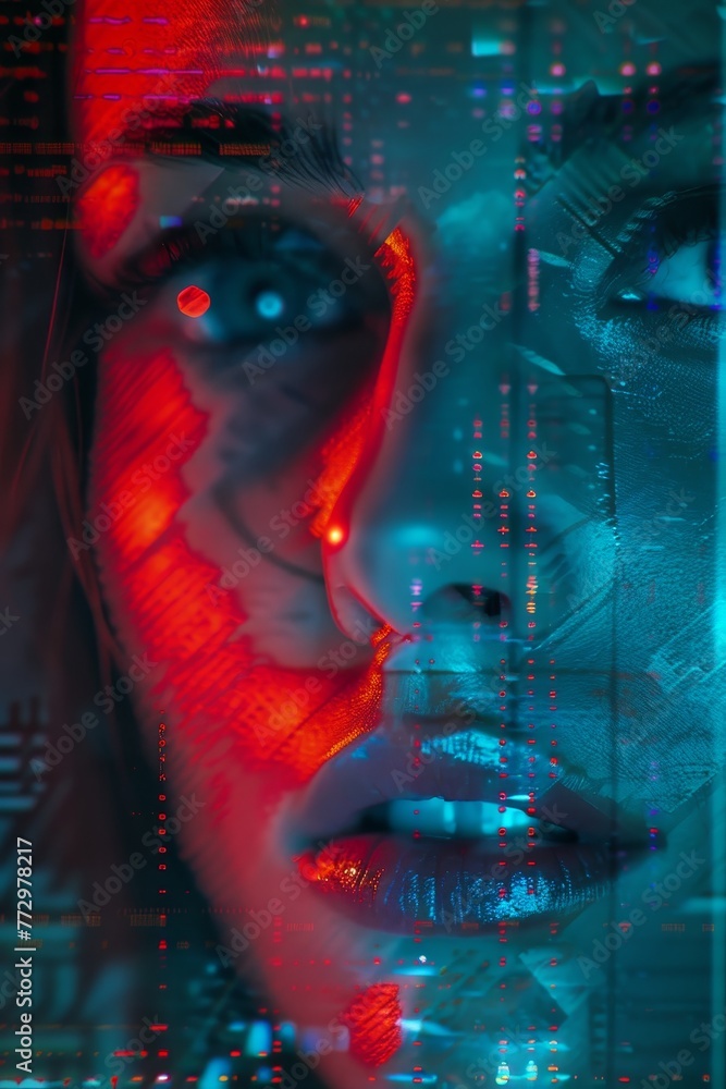 Beautiful cyborg woman, face closeup, holographic cyberpunk, ascii ...