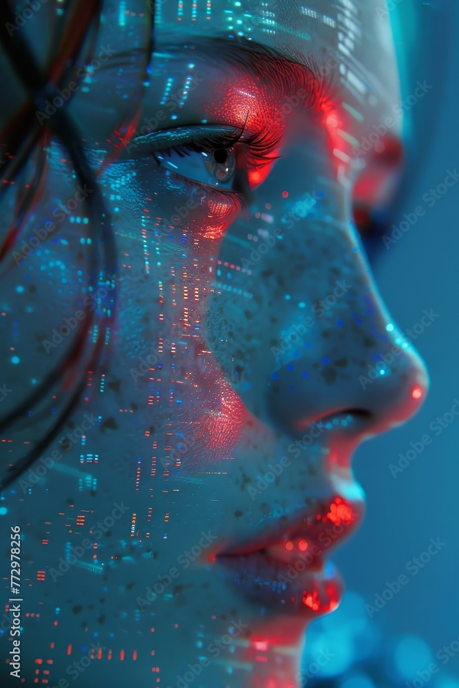 Beautiful cyborg woman, face closeup, holographic cyberpunk, ascii ...