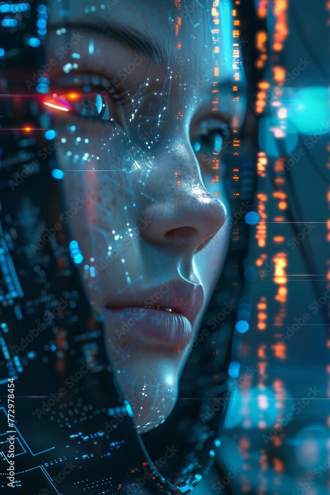 Beautiful cyborg woman, face closeup, holographic cyberpunk, ascii ...