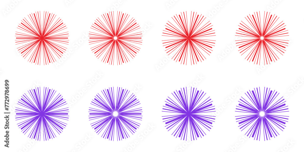 Graphic elements of radial shapes for designs, in red and purple color ...