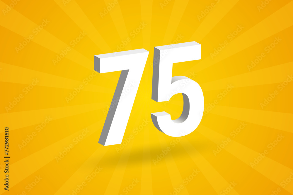 3D 75 number font alphabet. White 3D Number 75 with yellow background ...