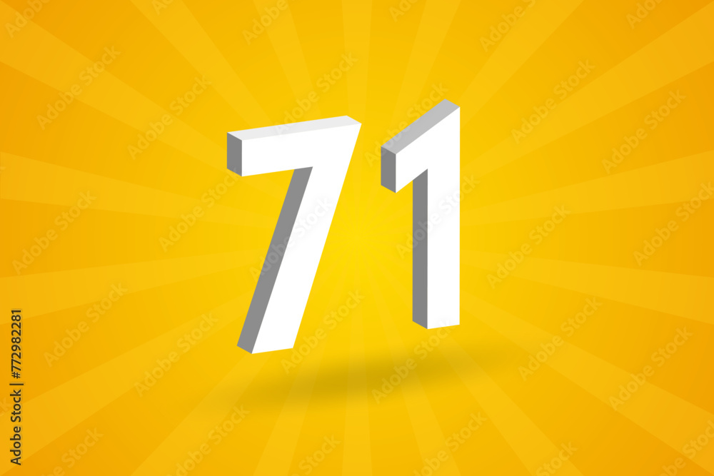 3D 71 number font alphabet. White 3D Number 71 with yellow background ...