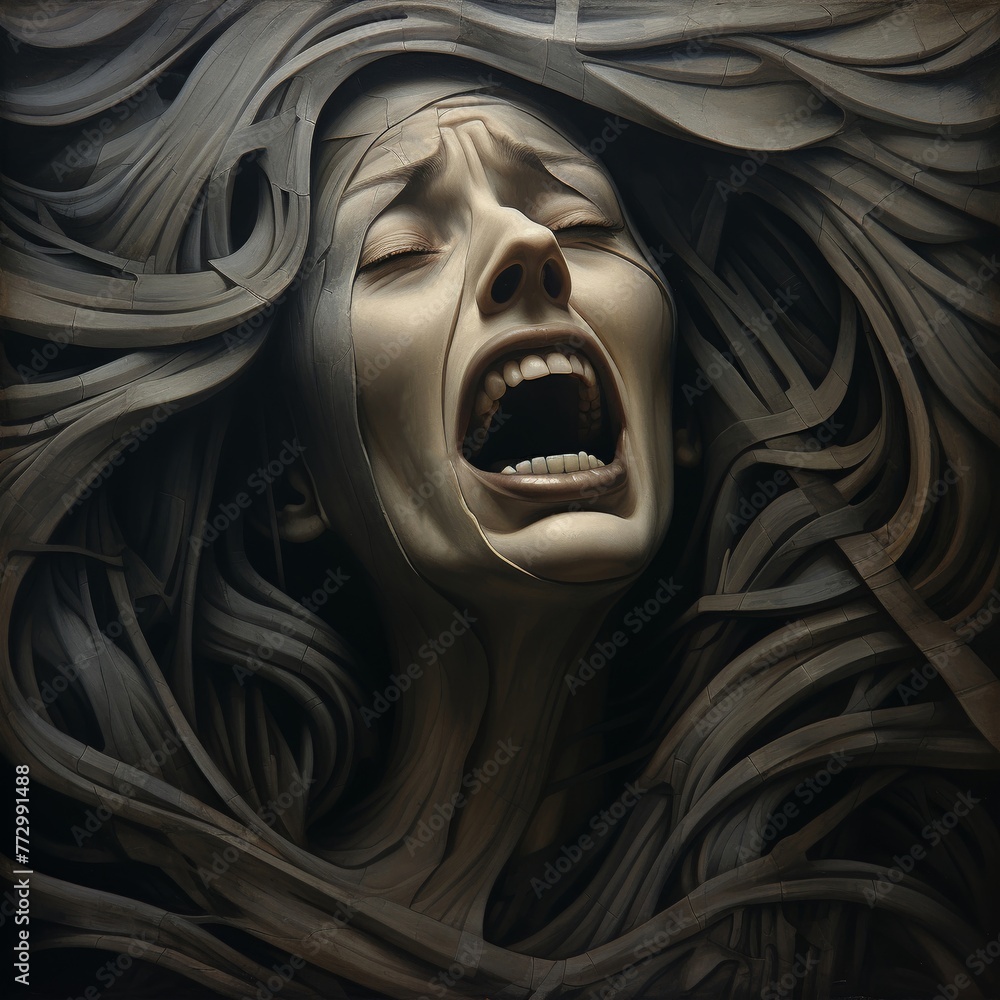 Emotive depiction of a womans face contorted in despair, a silent ...