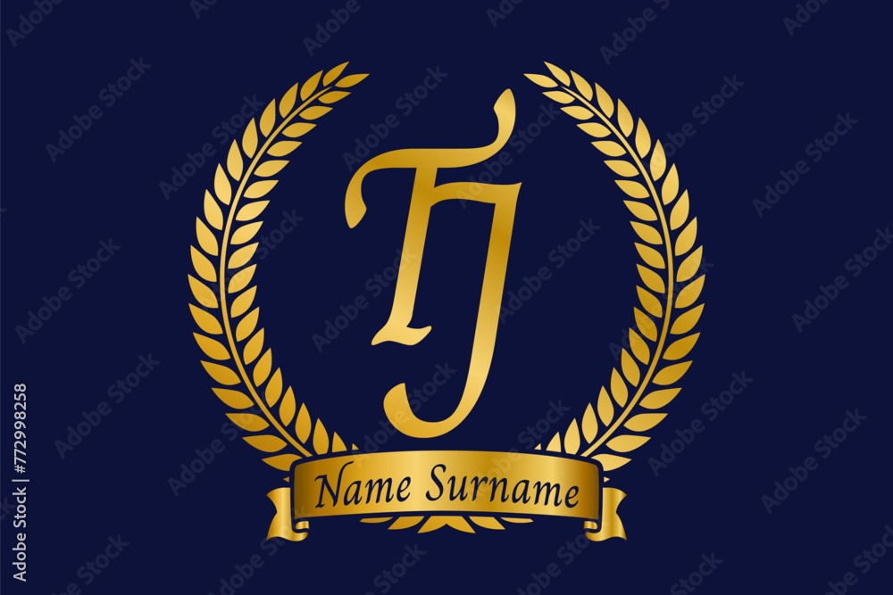 Initial letter T and J, TJ monogram logo design with laurel wreath ...