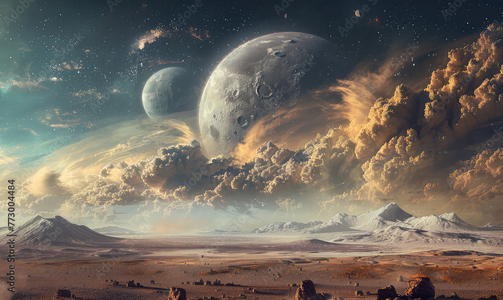 Alien desert planet with two moons in the sky. Sci fi concept art space ...