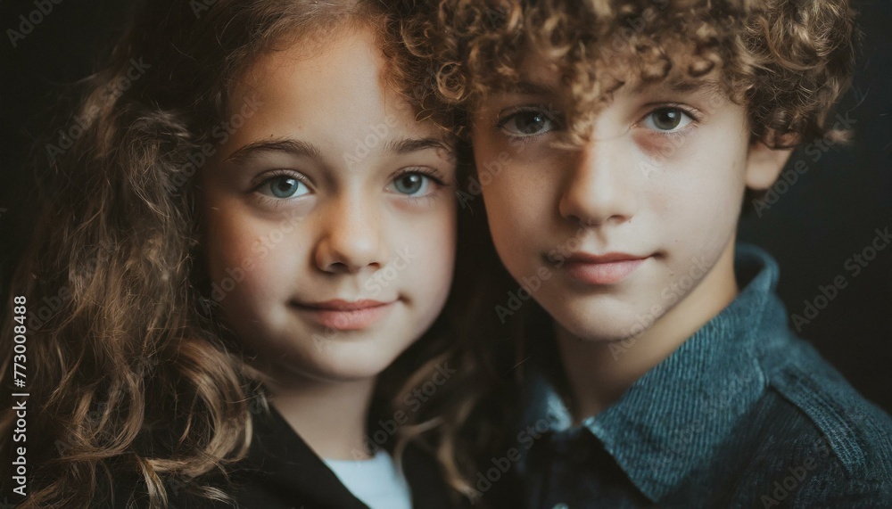 young brother and sister professional close-up photo in front of black ...